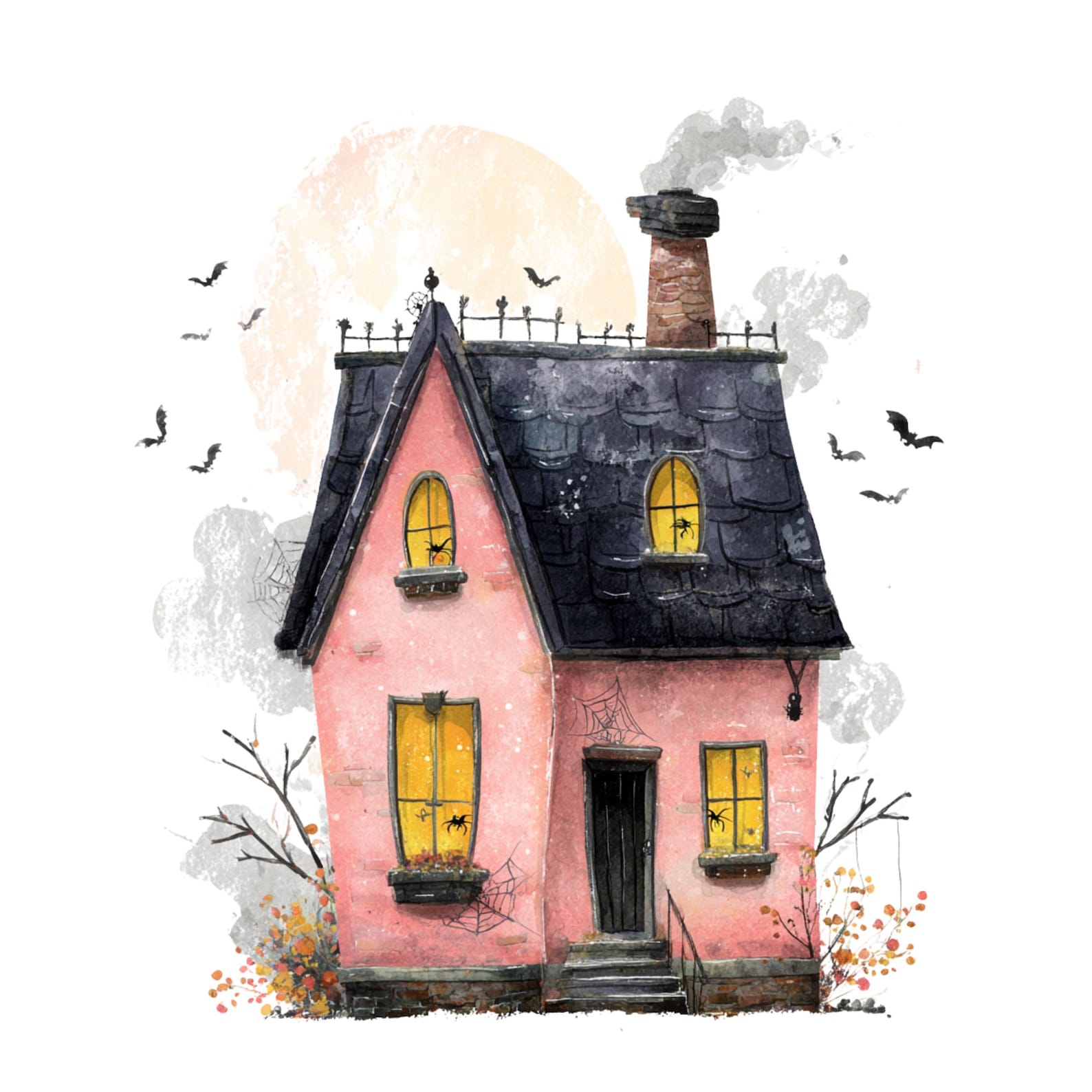 Watercolor Halloween Haunted Houses Clipart: Pink Pastel PNG (digital ...