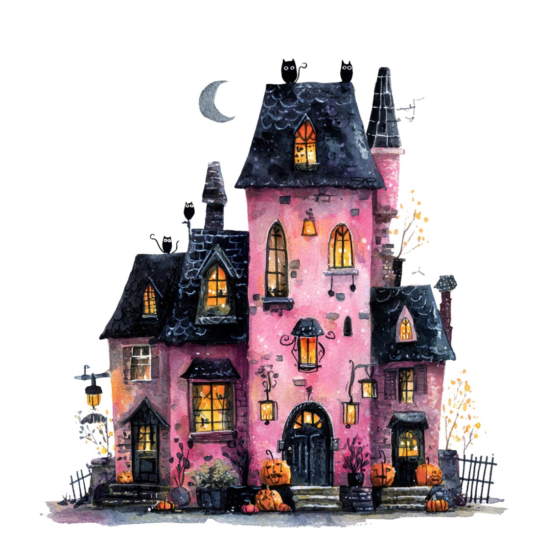 Watercolor Halloween Haunted Houses Clipart: Spooky PNG Illustrations ...