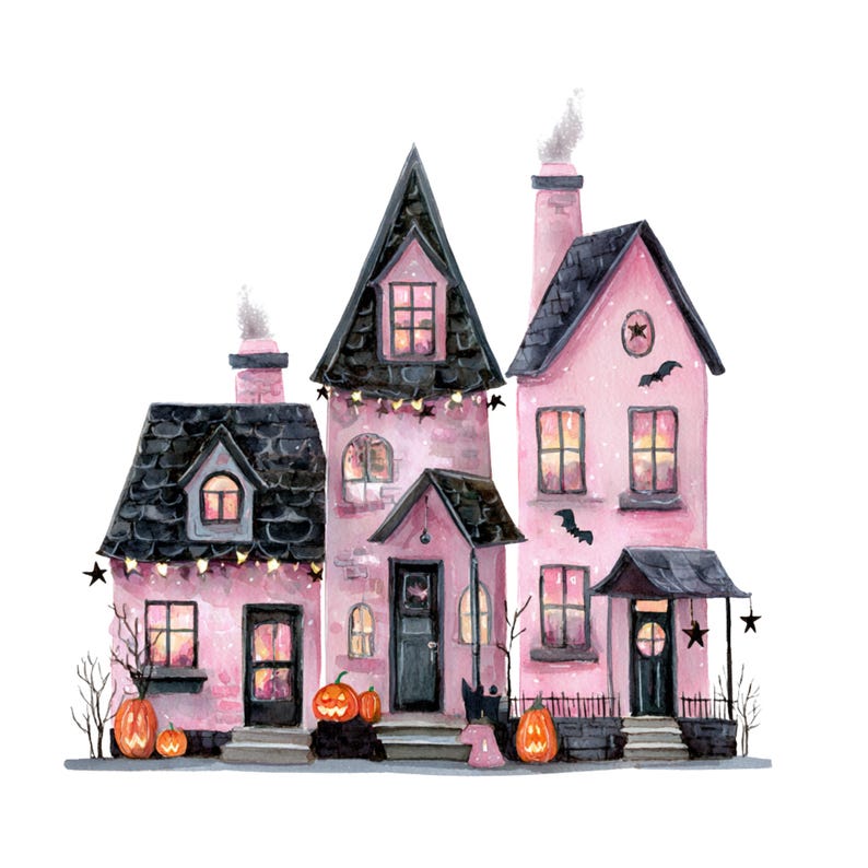 Watercolor Halloween Haunted Houses Clipart: Pink Pastel PNG (digital ...