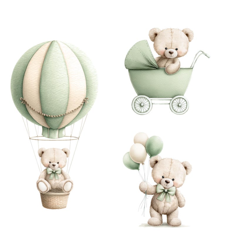 Watercolor Teddy Bear Clipart: Green Baby Teddies Graphics (digital ...