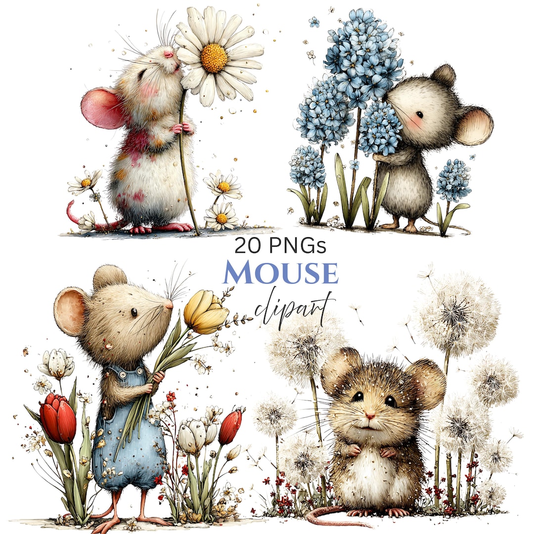 Cute Mouse Flowers Clipart: Mice Graphics (digital Download - 20 Pngs ...