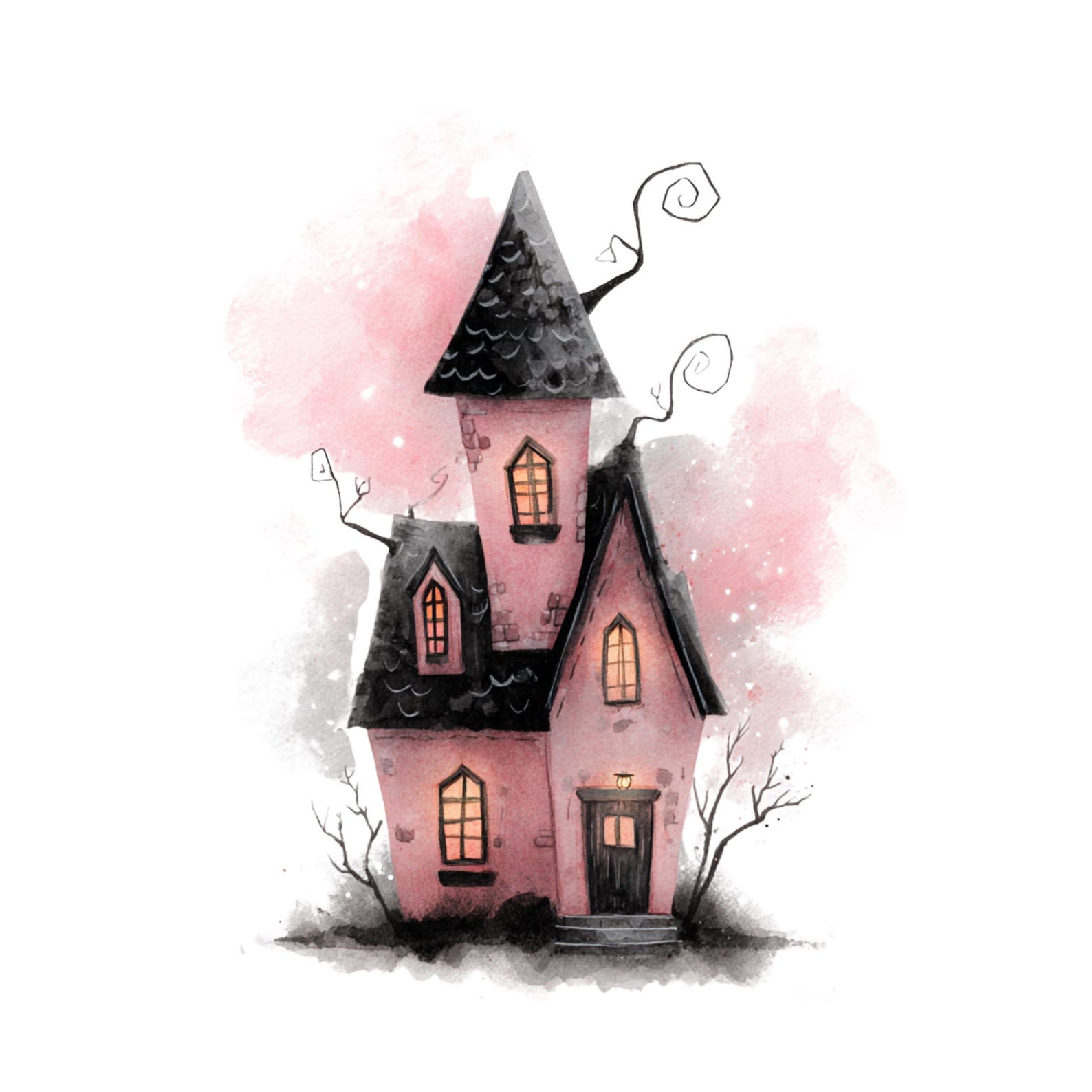 Watercolor Halloween Haunted Houses Clipart: Pink Pastel PNG (digital ...