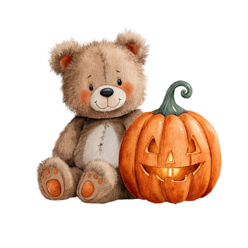 Fall Teddy Bears Clipart: Watercolor Teddy and Pumpkins Autumn Set ...