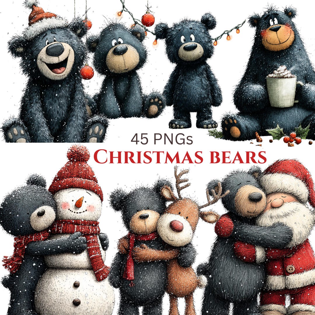 Black Teddy Bear Christmas Clipart: Festive Holiday Graphics (digital ...