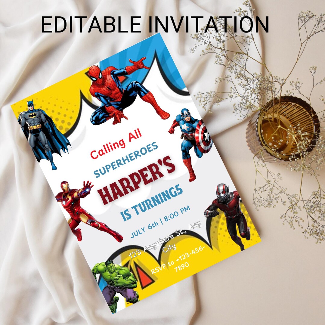 Editable Superheroes Birthday Invitation, Superhero Birthday Invite ...