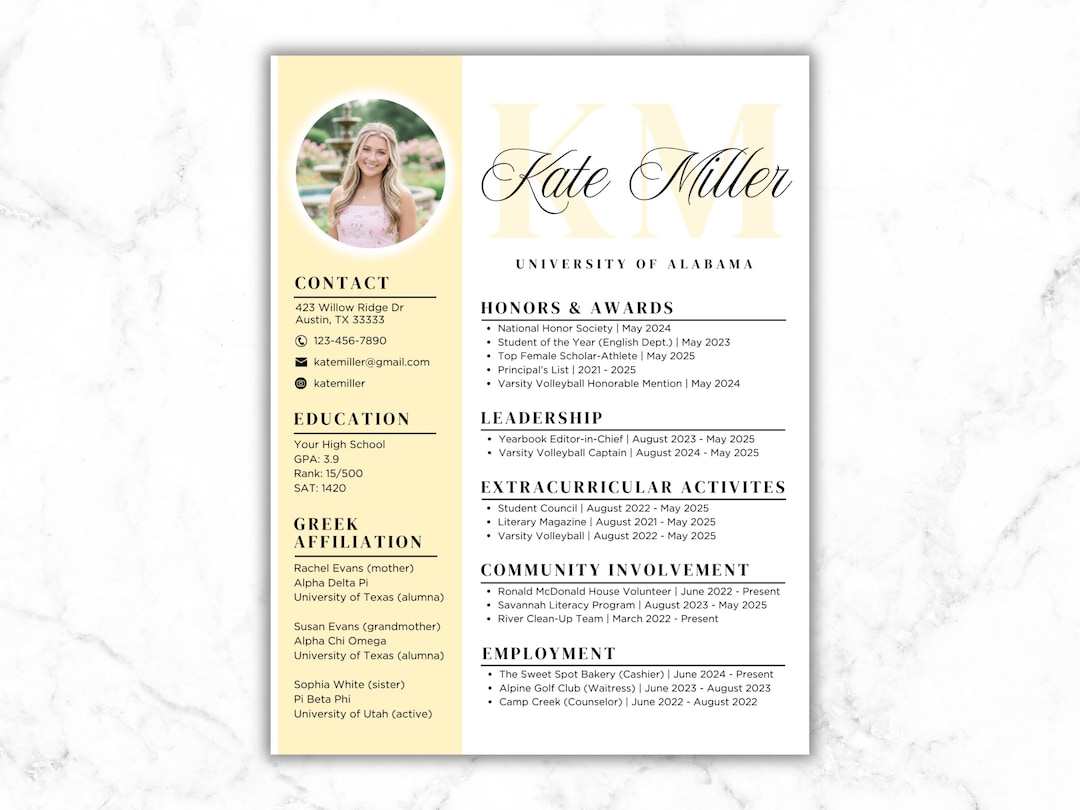 Yellow Sorority Rush Resume Template & Cover Letter | Editable Canva ...