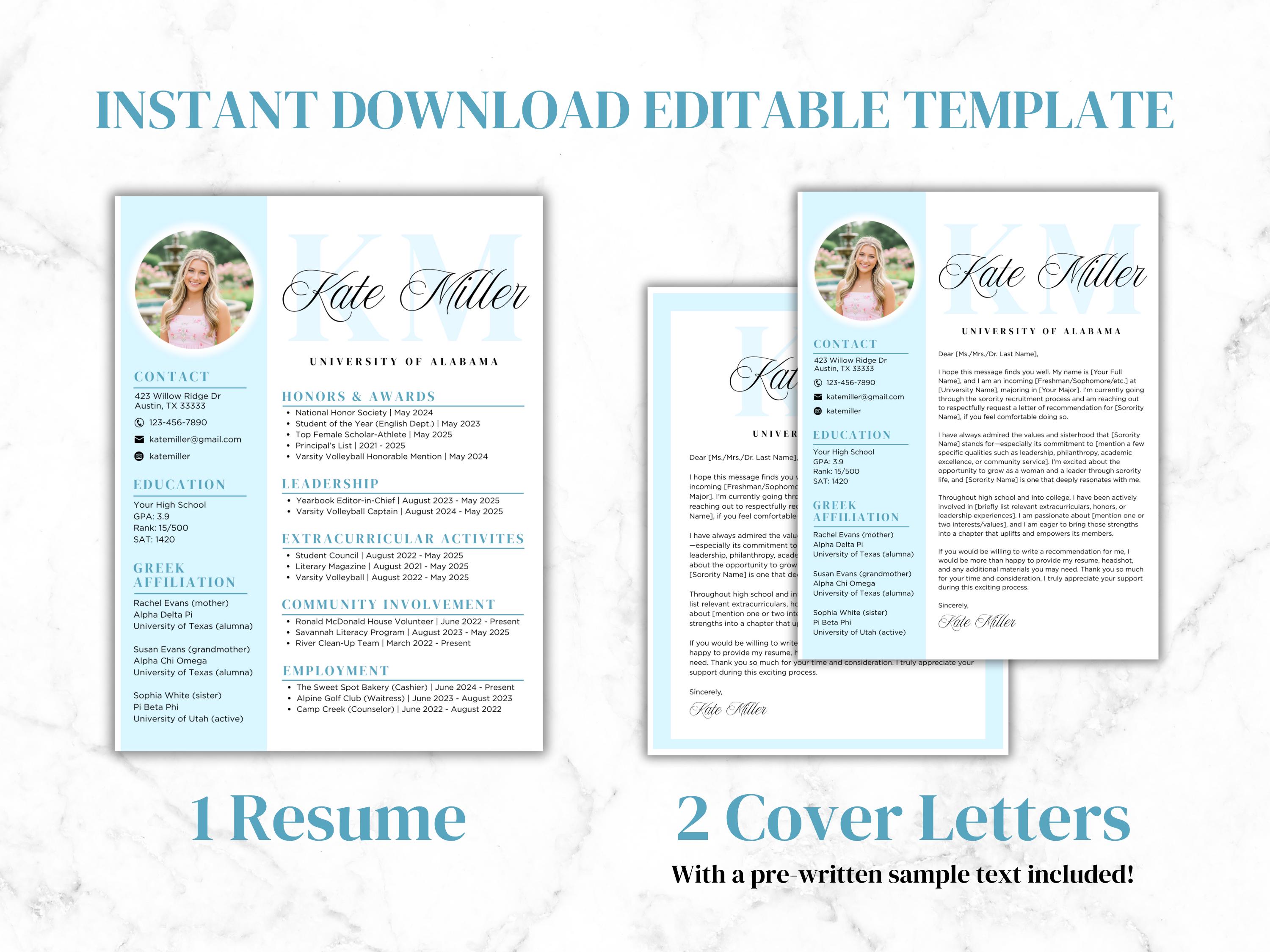 Blue Sorority Rush Resume Template & Cover Letter | Editable Canva ...