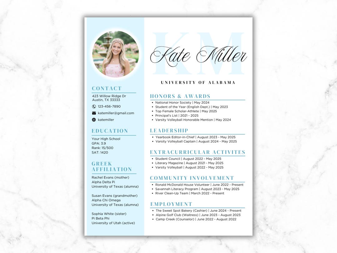 Blue Sorority Rush Resume Template | Editable Canva Cover Letter ...