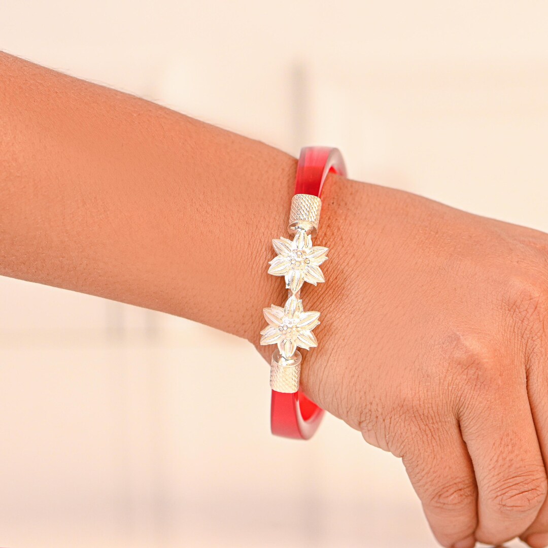 925 Sterling Silver Seep Indian Bangles | Red Resin Floral Silver ...