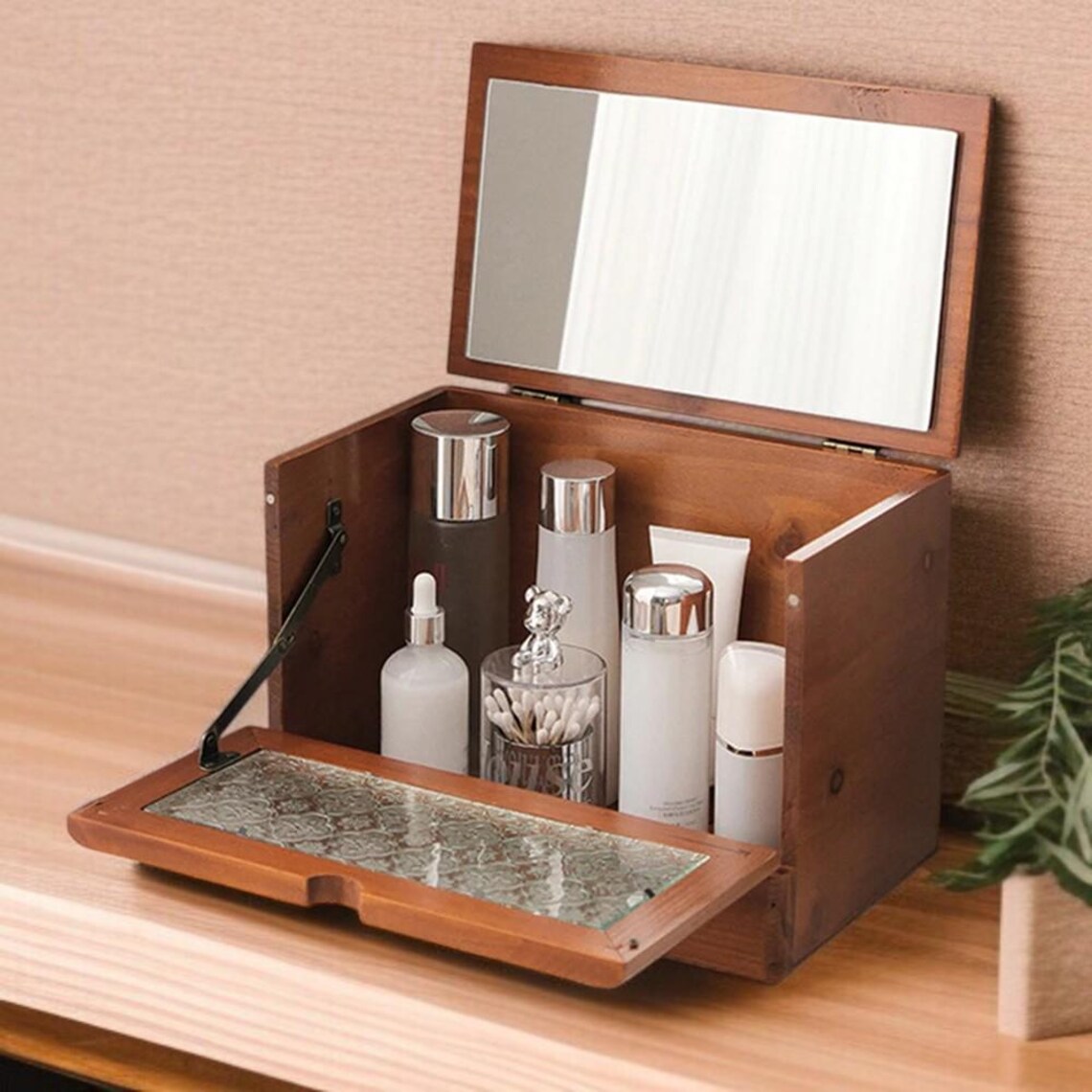 Vintage Wooden Makeup Storage Cabinet - Large Capacity Desk Organizer ...