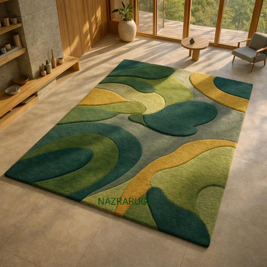 Modern Abstract Green Area Rug, Hand Tufted Wool Rug, Organic Shape ...