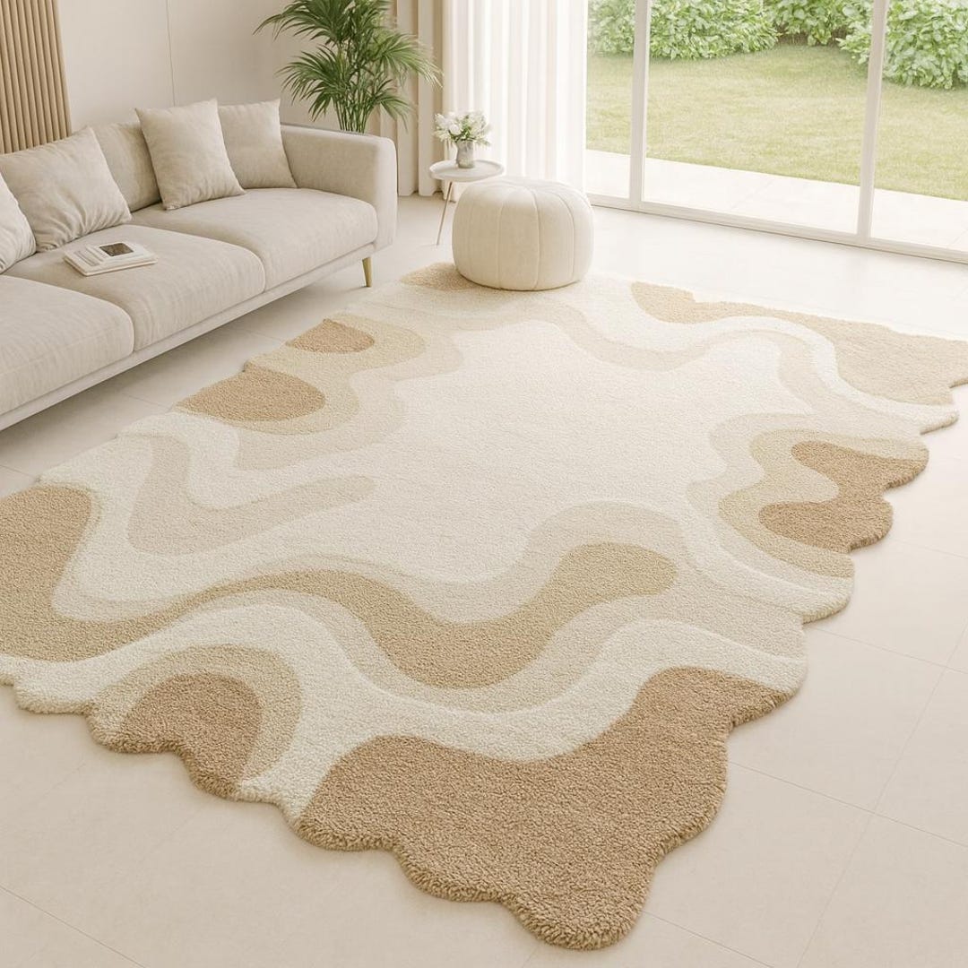 Irregular Shape Area Rug Beige Cream Wavy Abstract Carpet for Living ...