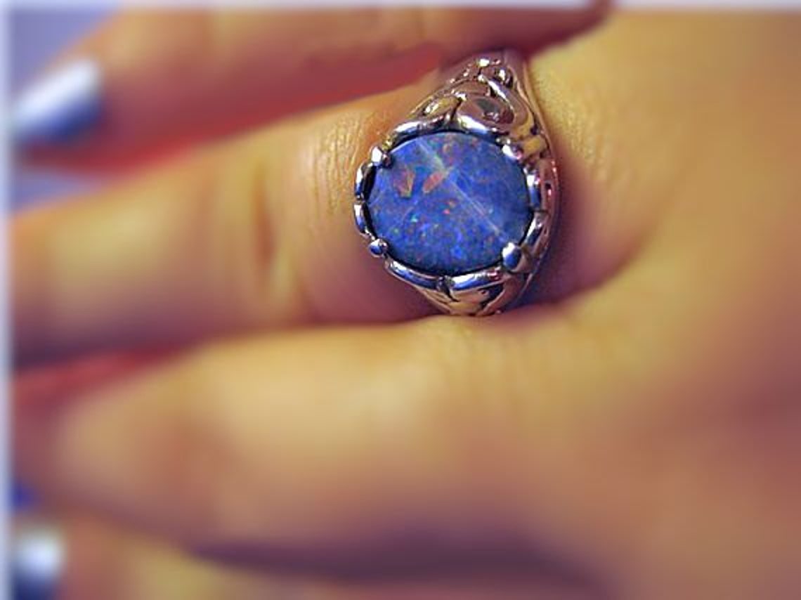 Mysterious Dark Real Opal Doublet Sterling Silver Ring Scroll Pattern ...