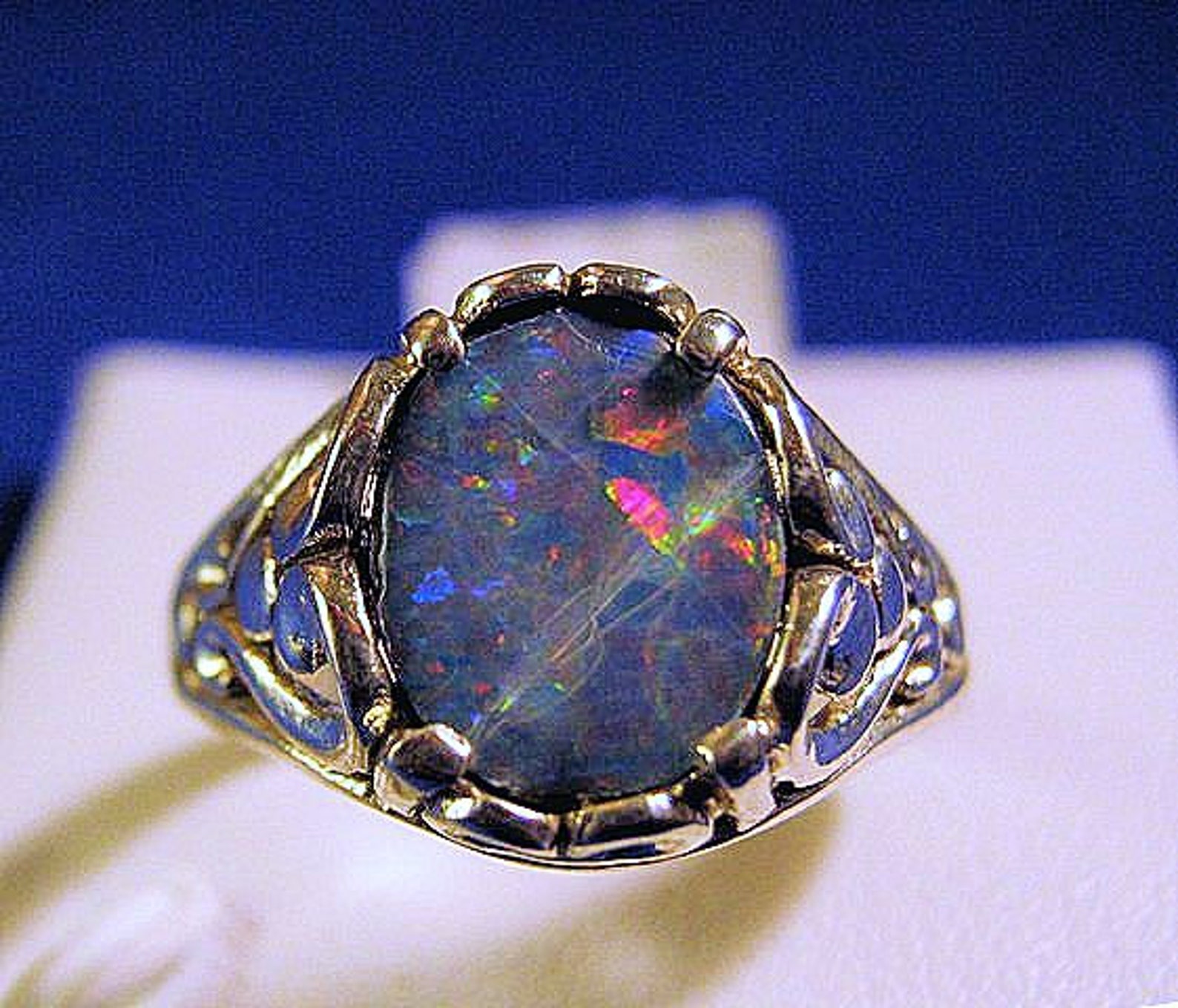 Mysterious Dark Real Opal Doublet Sterling Silver Ring Scroll Pattern ...