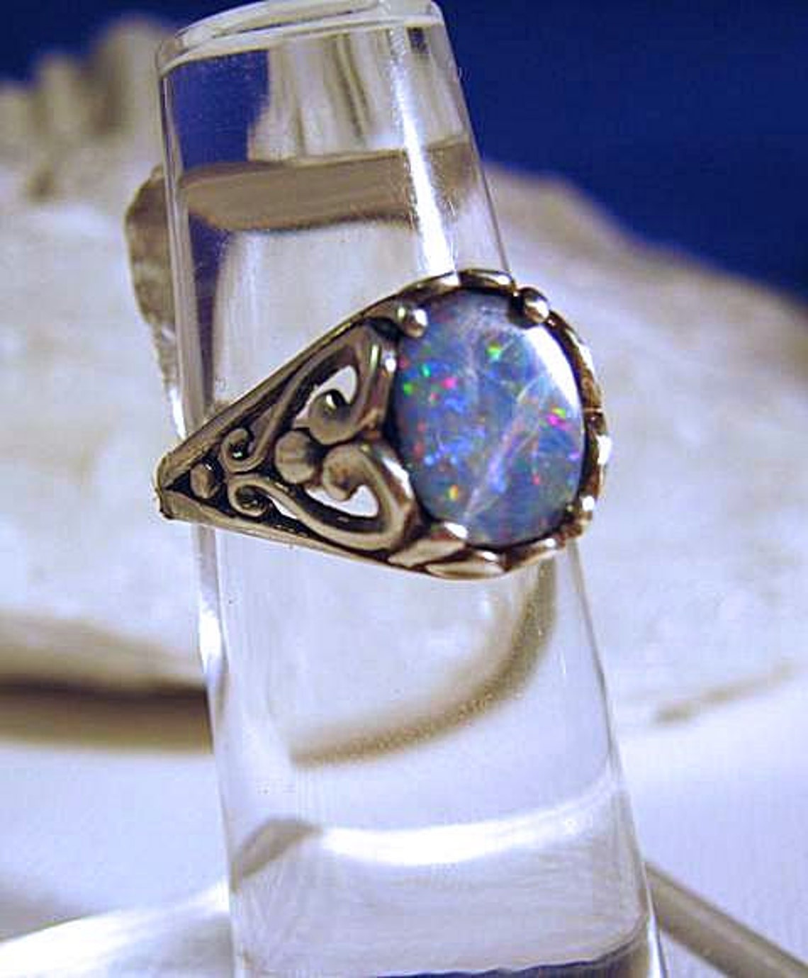Mysterious Dark Real Opal Doublet Sterling Silver Ring Scroll Pattern ...