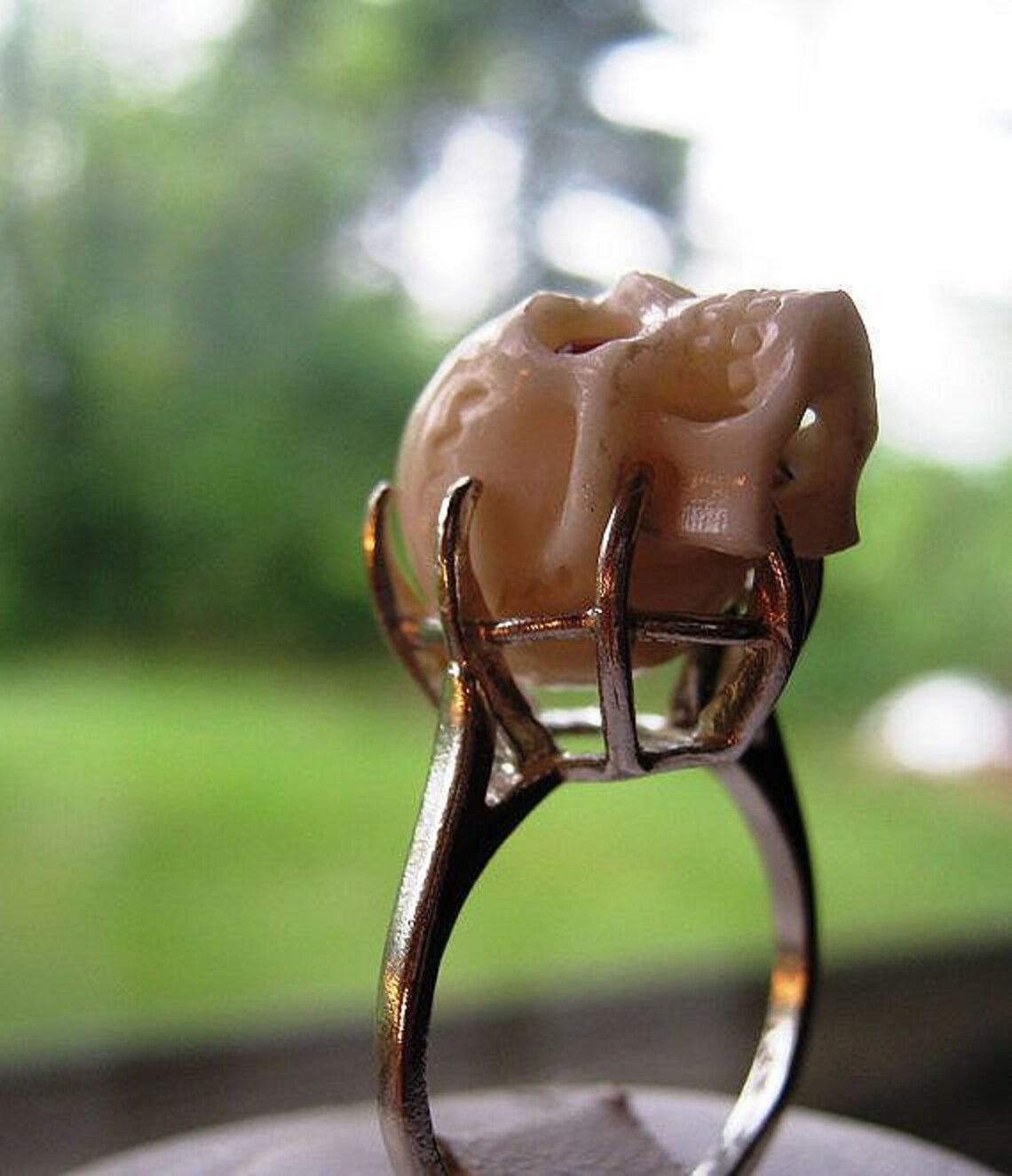 Weird Scary Skull Ring Carved Bone Genuine Red Garnet Eyes - Etsy