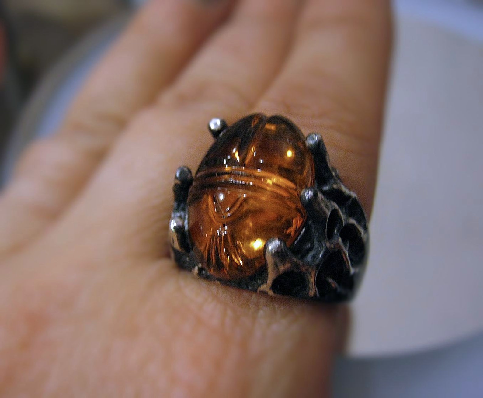 Mummy's Curse Ring Large Genuine Amber Carved Scarab - Etsy