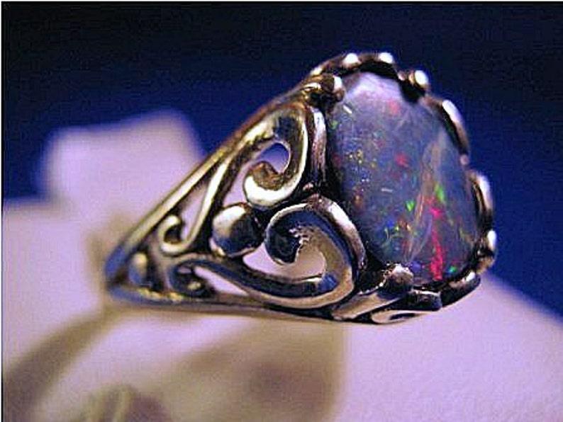 Mysterious Dark Real Opal Doublet Sterling Silver Ring Scroll Pattern ...