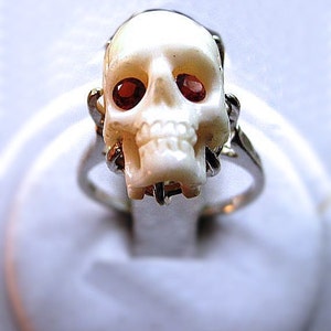 Weird Scary Skull Ring Carved Bone Genuine Red Garnet Eyes Sterling ...