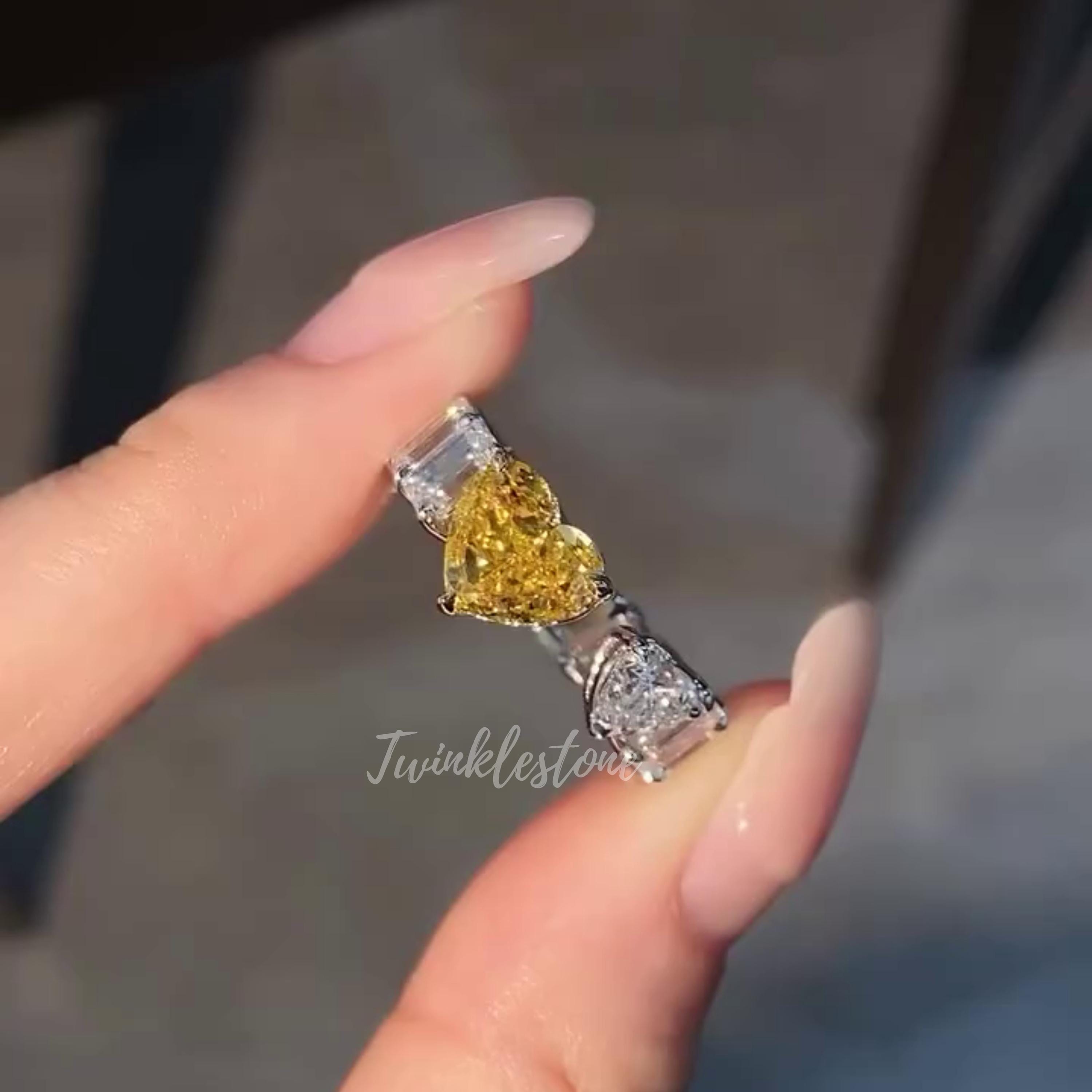 2.20 CT Canary Fancy Yellow Heart Cut Diamond Ring, Side Stone Emerald ...