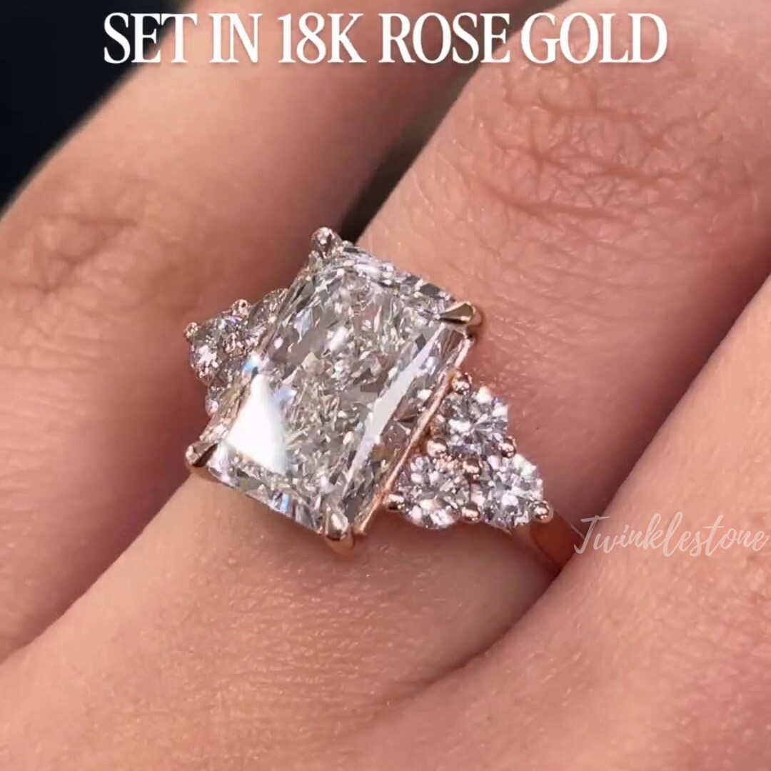 4 CT Radiant Cut Moissanite Engagement Ring, 14K/18K Solid Gold, Trio ...