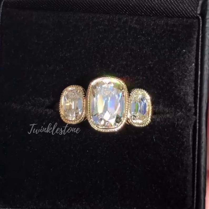 Three Stone Elongated Cushion Cut Moissanite Engagement Ring, 18K Solid ...