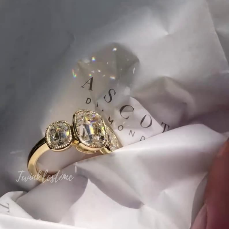 Three Stone Elongated Cushion Cut Moissanite Engagement Ring, 18K Solid ...