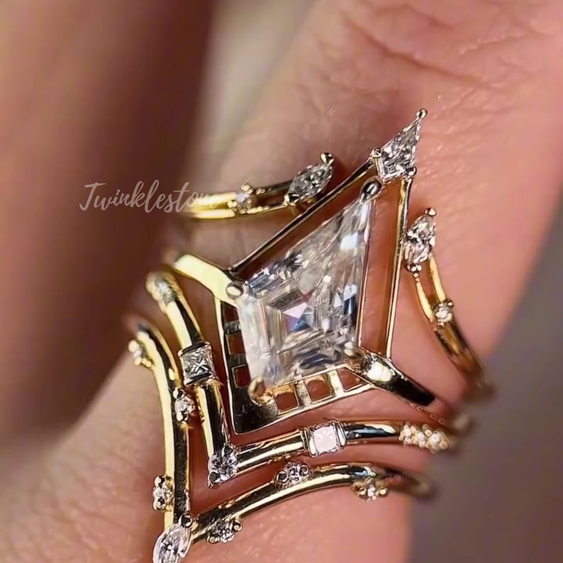 2 CT Kite Cut Moissanite Bridal Set Engagement Ring Set, 18K Solid ...