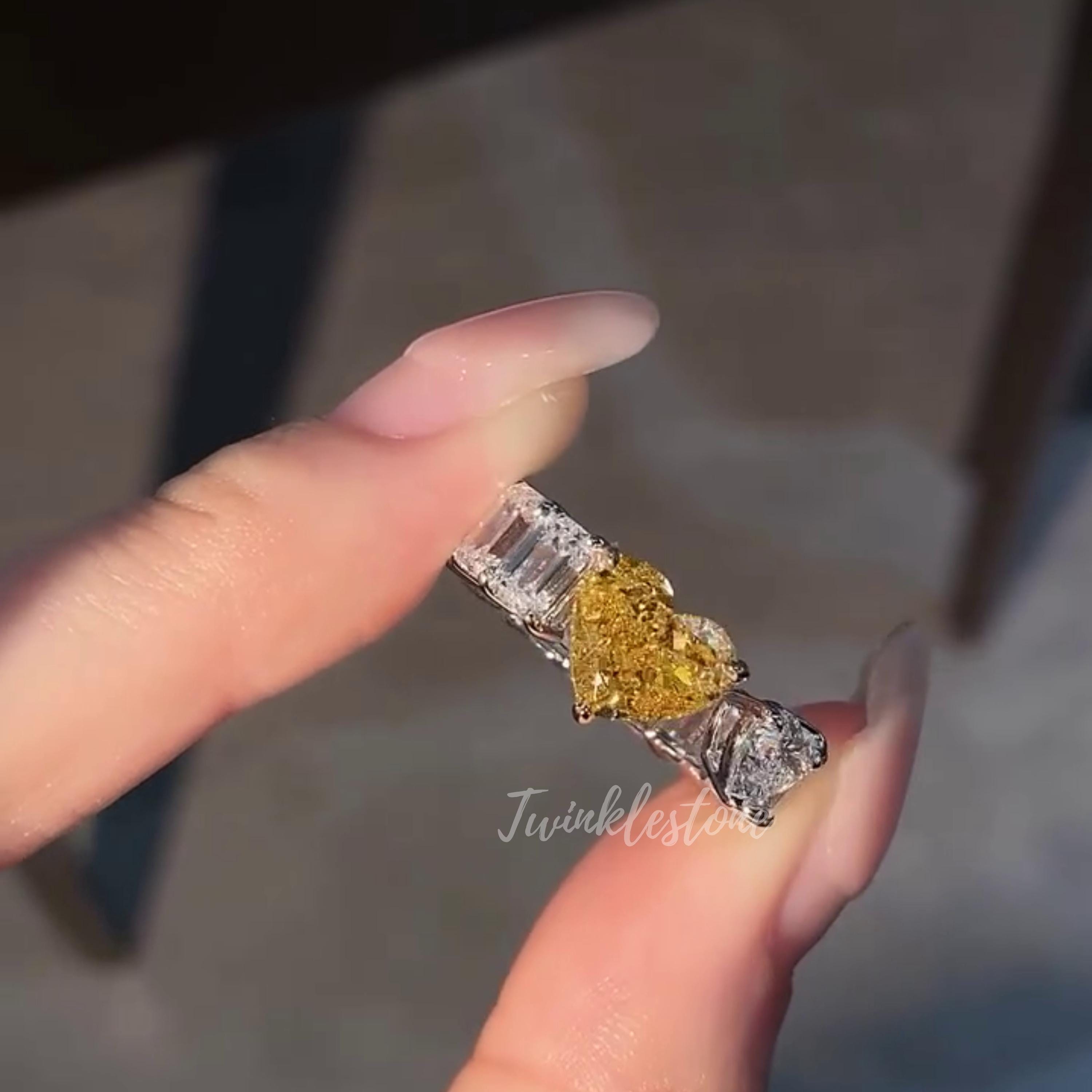2.20 CT Canary Fancy Yellow Heart Cut Diamond Ring, Side Stone Emerald ...
