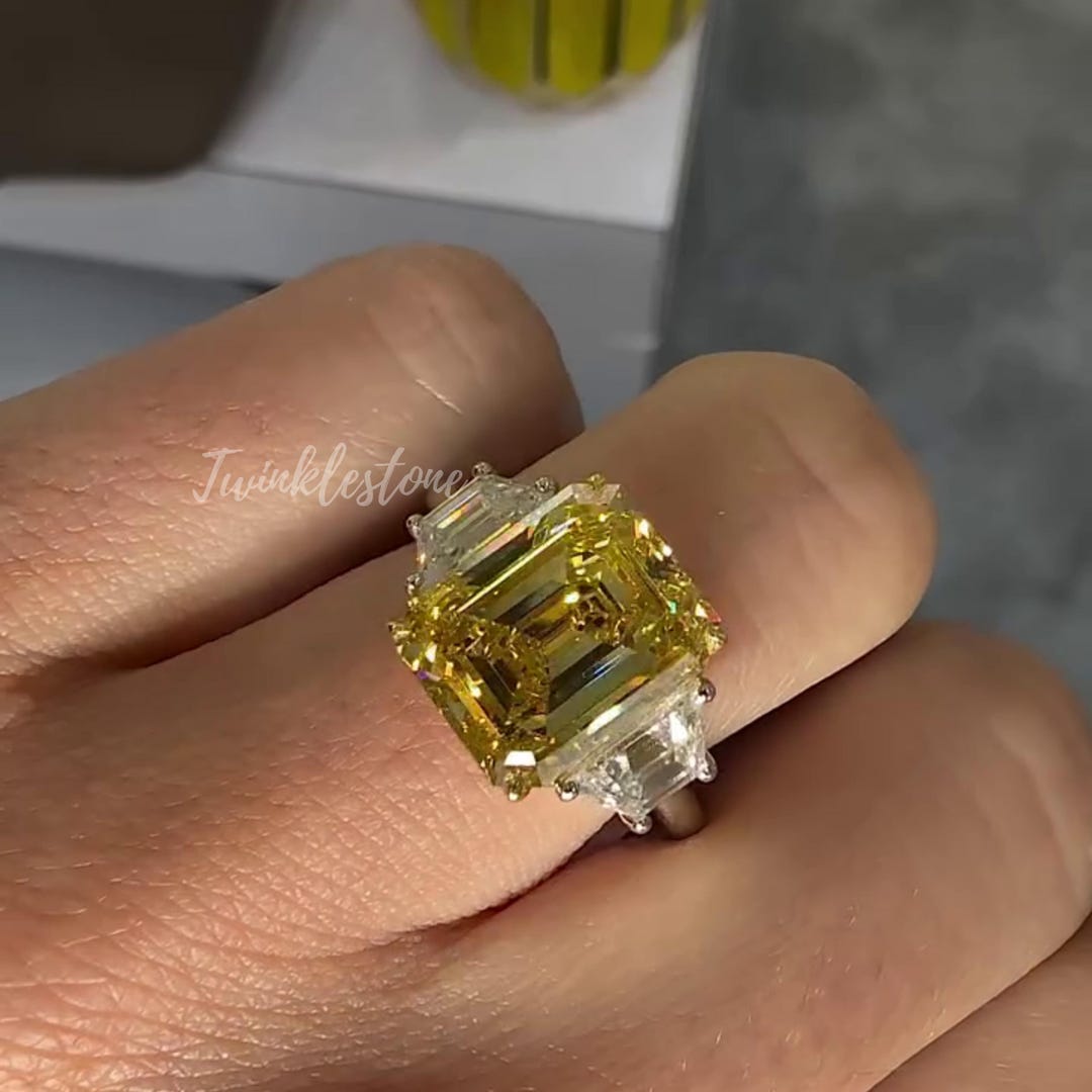 Three Stone Moissanite Engagement Ring, 4 CT Canary Yellow Emerald Cut ...