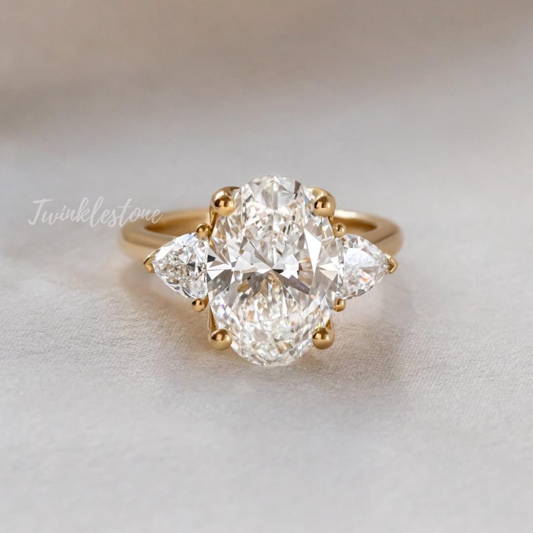 Three Stone Oval Cut Moissanite Engagement Ring, 18K Solid Gold With ...