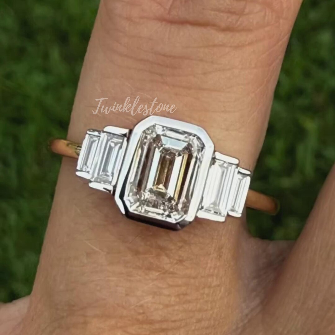 Five Stone Engagement Ring Bezel Set Moissanite Ring 3.00 CT Emerald ...