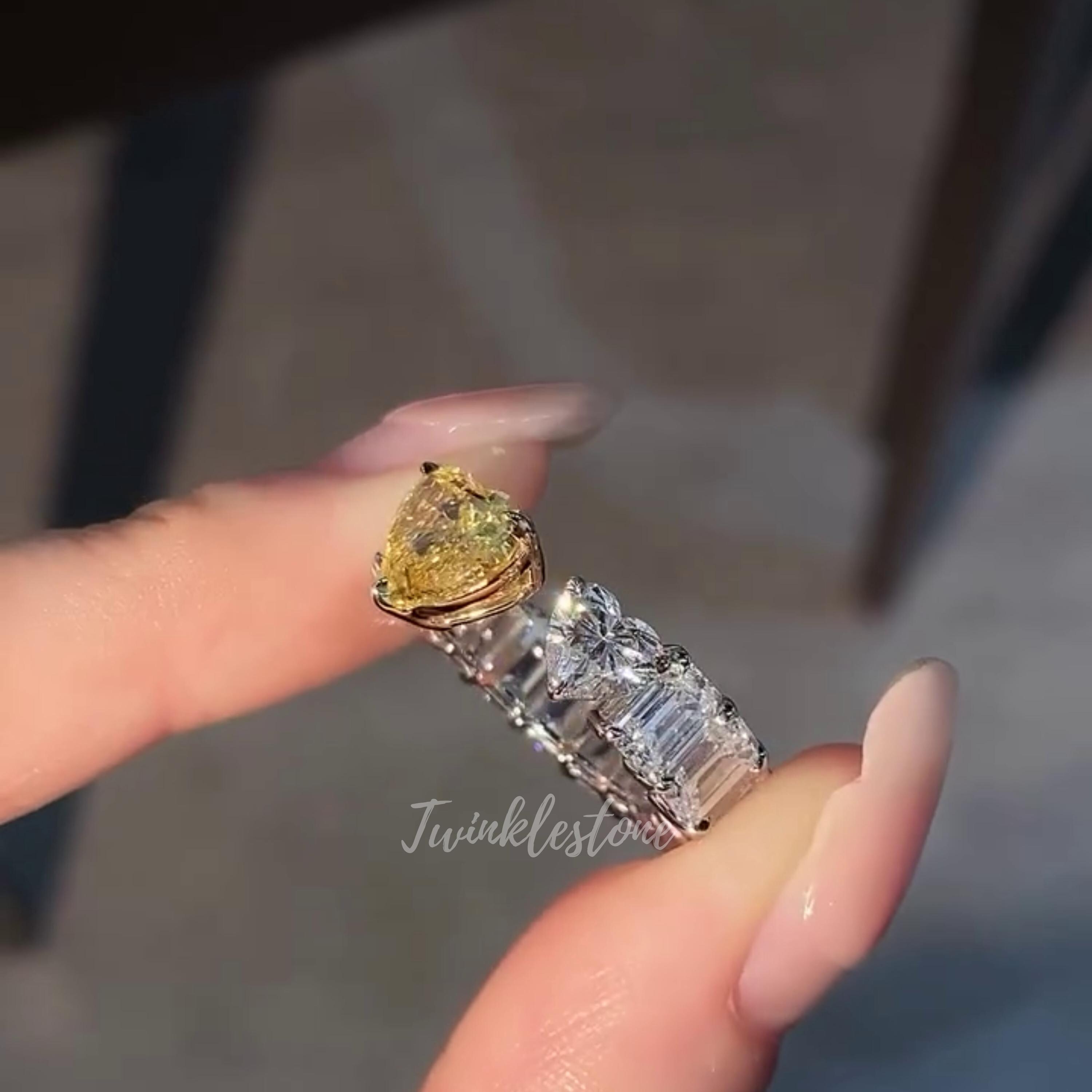 2.20 CT Canary Fancy Yellow Heart Cut Diamond Ring, Side Stone Emerald ...