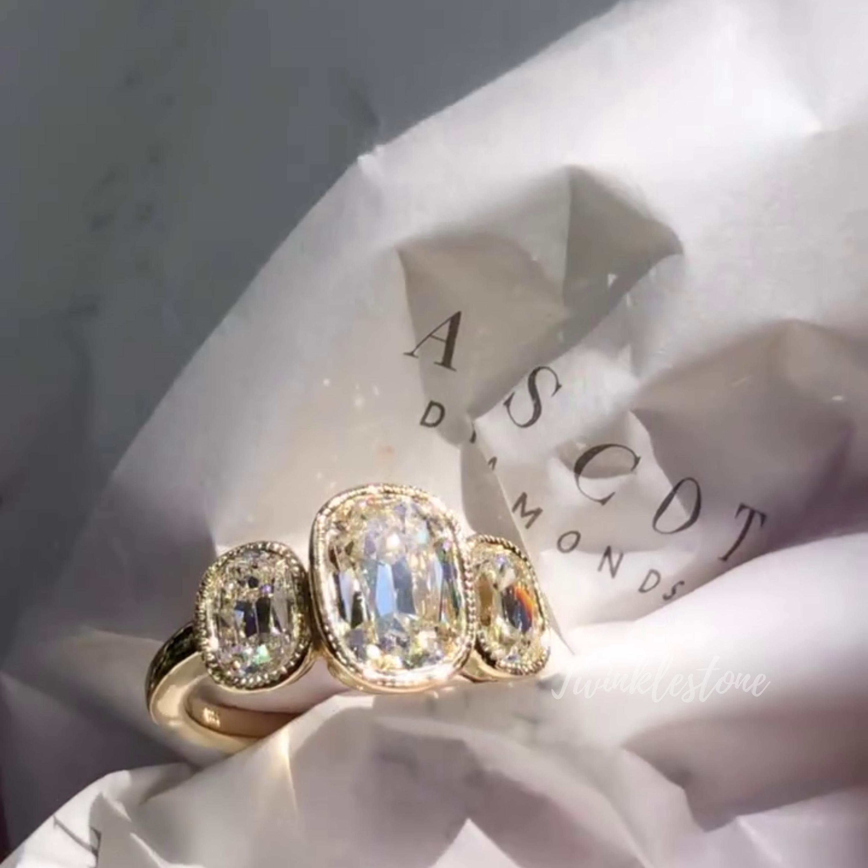 Three Stone Elongated Cushion Cut Moissanite Engagement Ring, 18K Solid ...