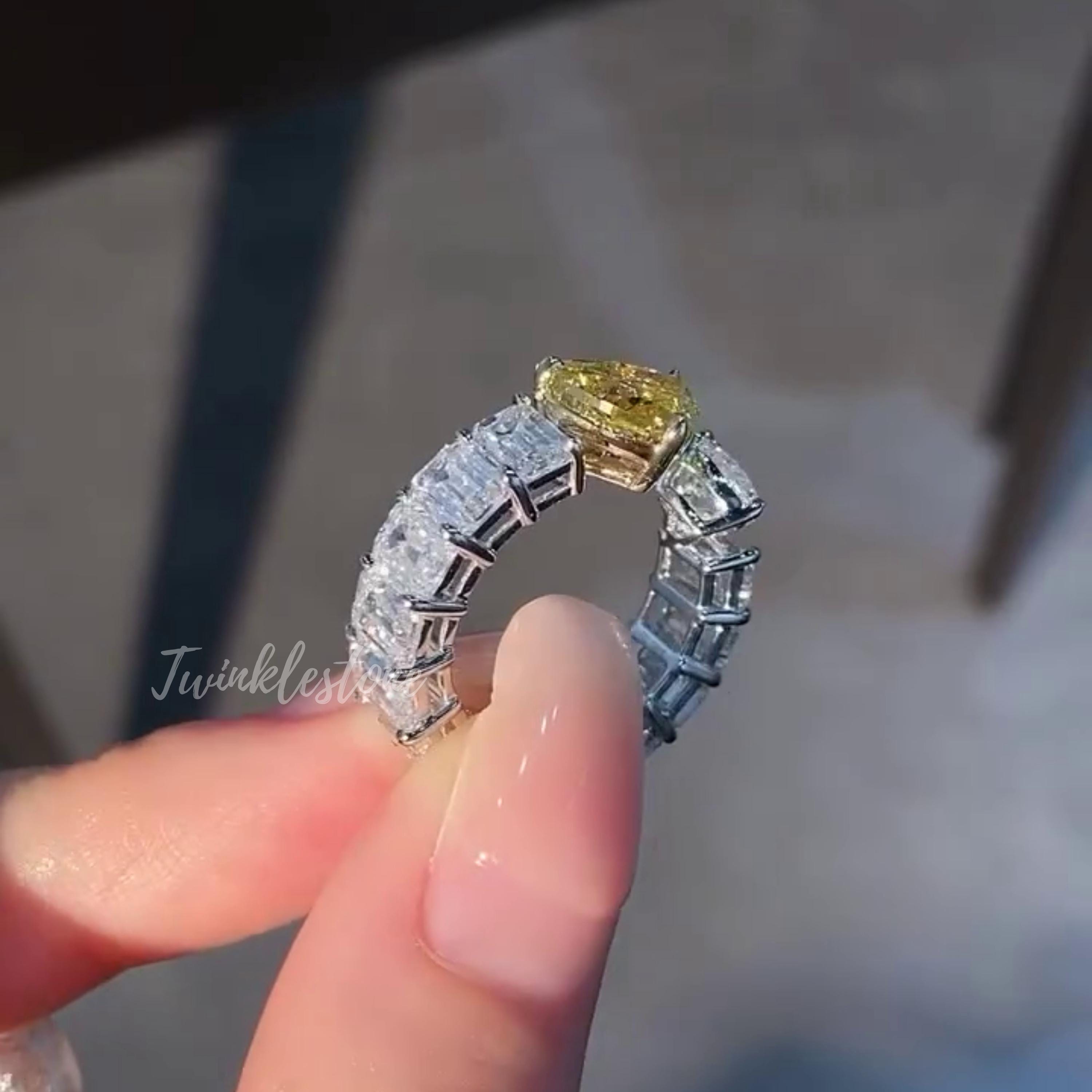 2.20 CT Canary Fancy Yellow Heart Cut Diamond Ring, Side Stone Emerald ...