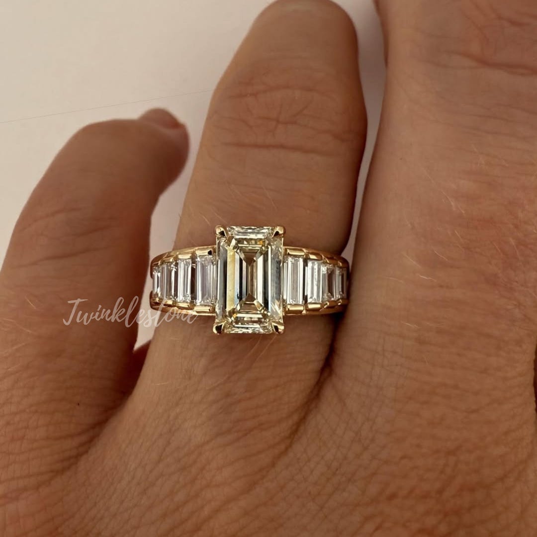 3.50 CT Emerald Cut Moissanite Engagement Ring, 14K/18K Solid Gold ...
