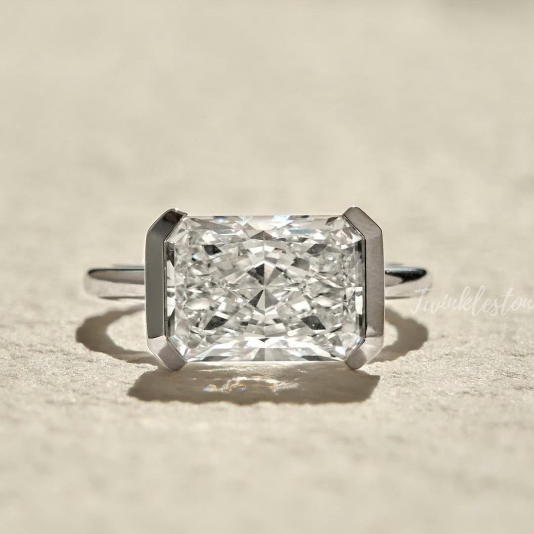 Half Bezel Set 3 CT Radiant Cut Moissanite Diamond Engagement Ring, 14K ...