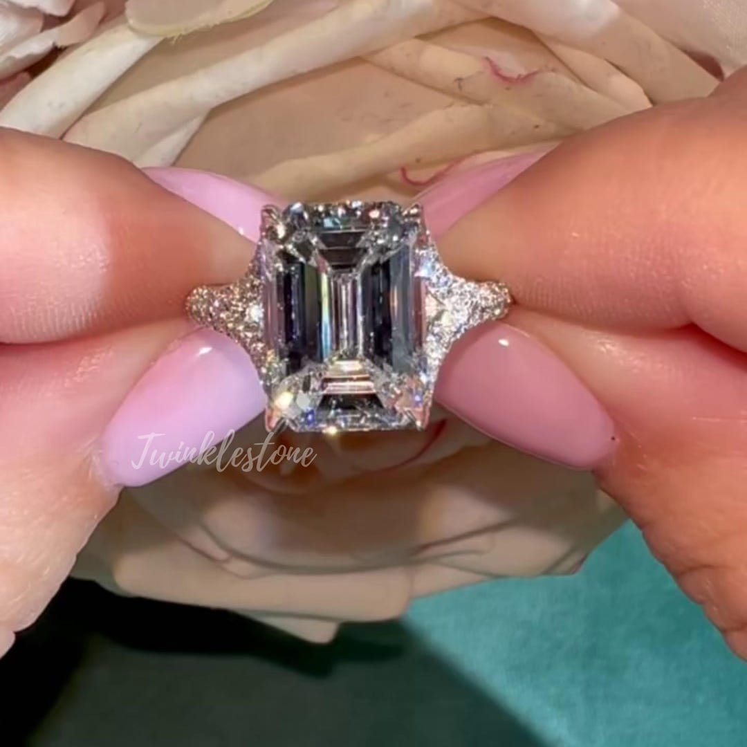4 CT Emerald Cut Moissanite Diamond Ring, Emerald Split Shank Hidden ...