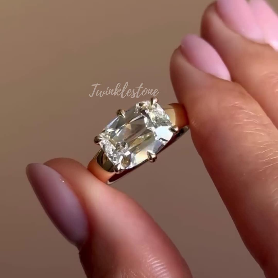 2.50 CT East West Elongated Cushion Cut Moissanite Engagement Ring 18K ...