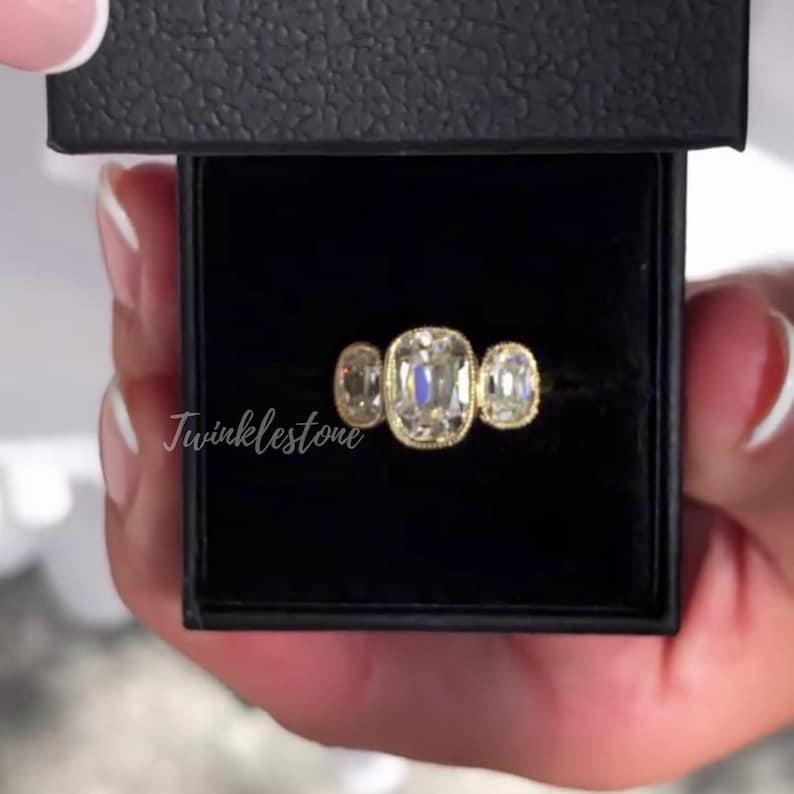 Three Stone Elongated Cushion Cut Moissanite Engagement Ring, 18K Solid ...