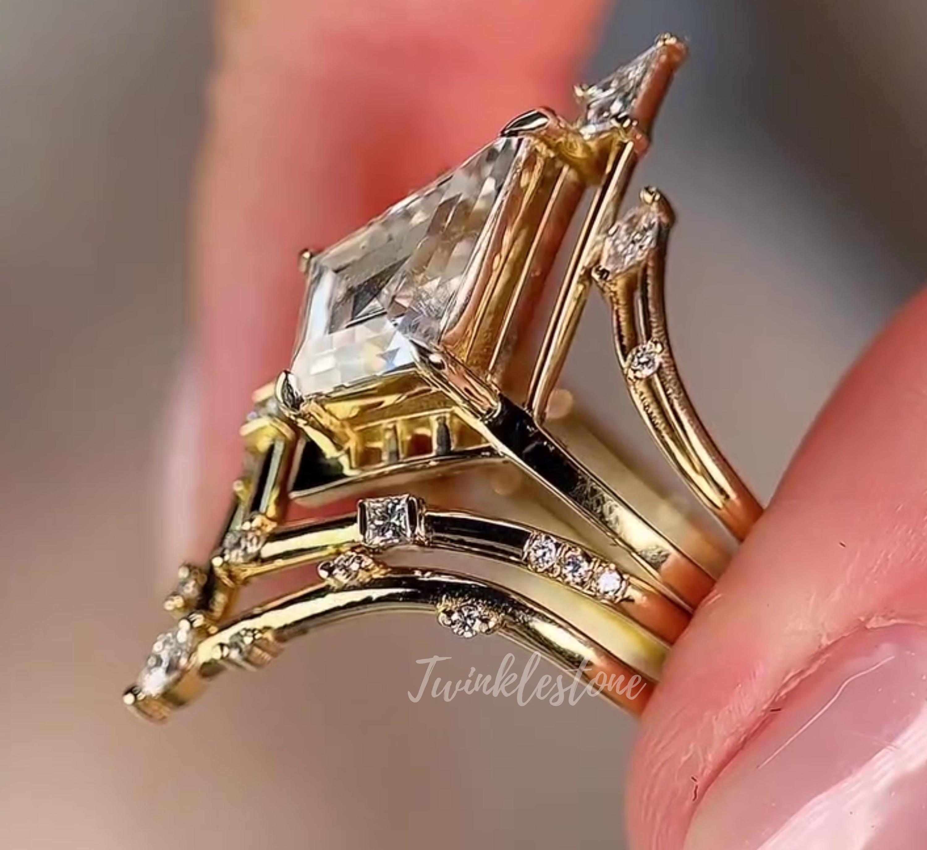 2 CT Kite Cut Moissanite Bridal Set Engagement Ring Set, 18K Solid ...