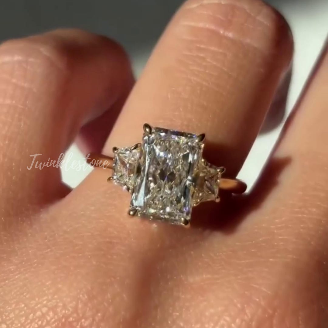 Three Stone Moissanite Engagement Ring, 4 CT Radiant Cut, 14/18K Solid ...