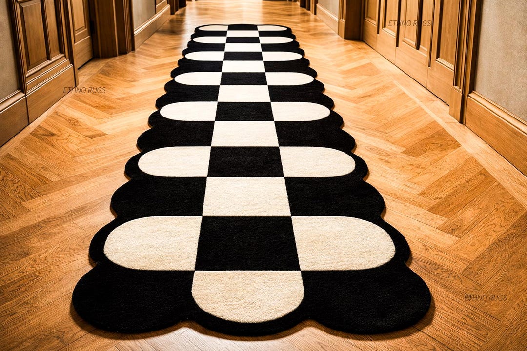 Black White Checkered Runner Rug | Modern Hallway Carpet - Etsy