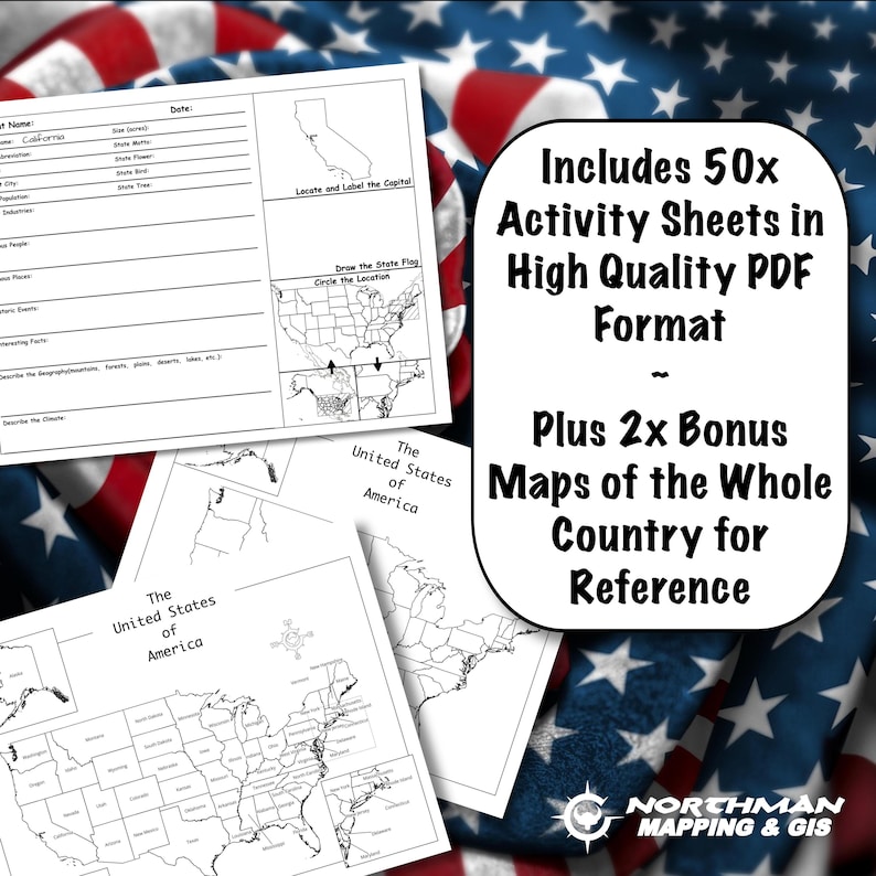 USA Printable Map Activity Sheets | Homeschool Learning Worksheets | 50 ...