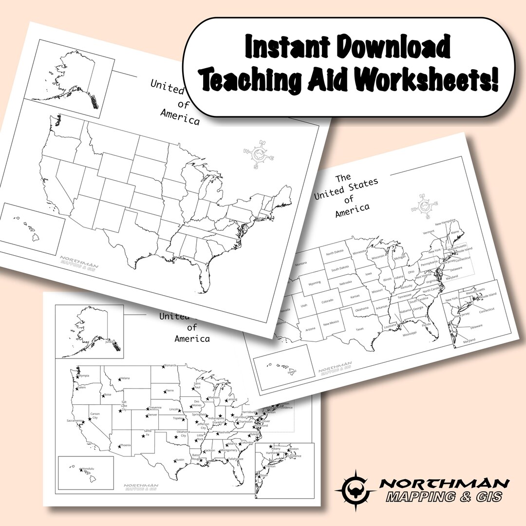 USA Printable Map Teacher Aid Homeschool Learning Worksheets Instant ...