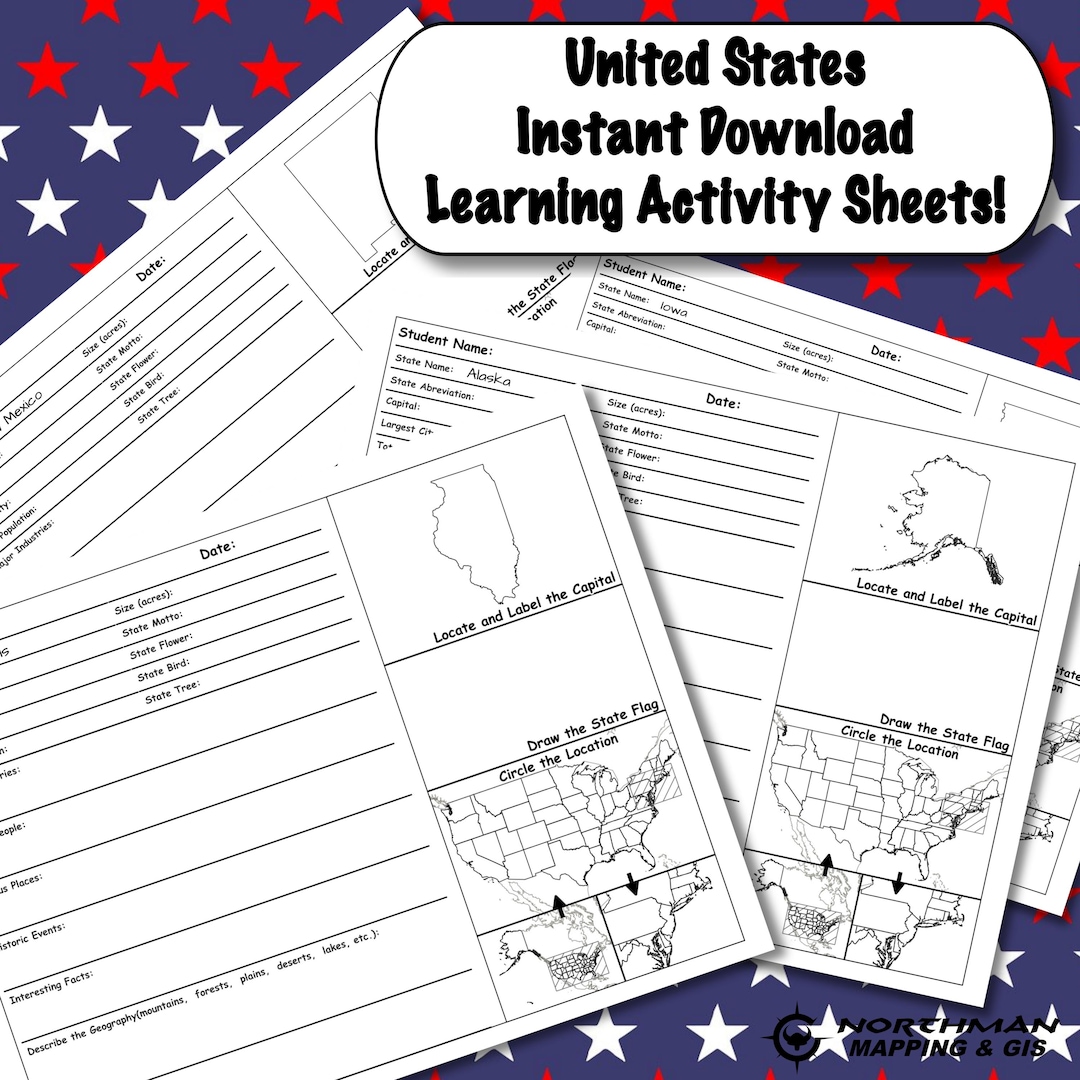 USA Printable Map Activity Sheets | Homeschool Learning Worksheets | 50 ...