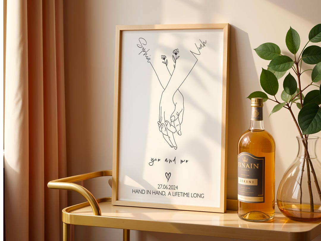 Hand in Hand Couple Line Art Print – Personalized Date & Names Poster ...