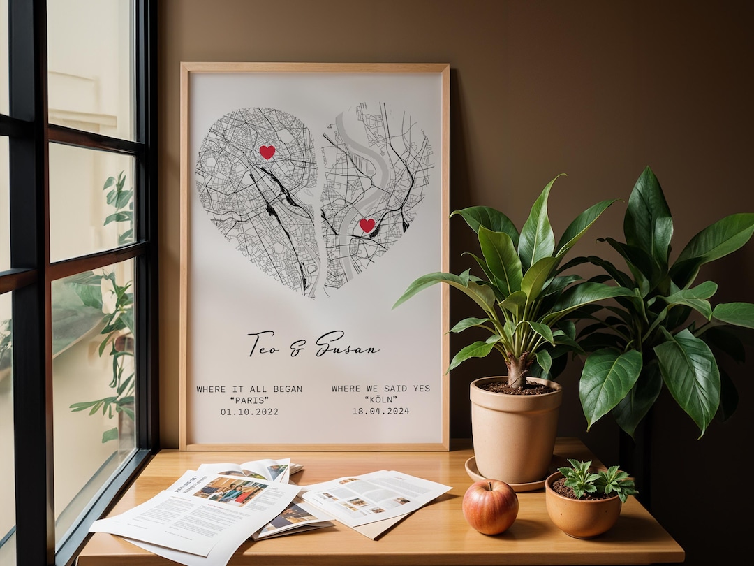 Personalized Double Location Map | Custom Heart Map Print With Names ...
