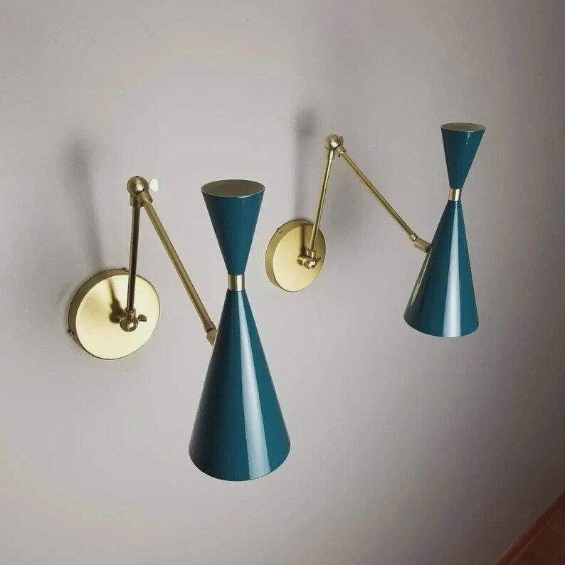Mid-century Double Cone Wall Sconce – Teal & Brass - Etsy