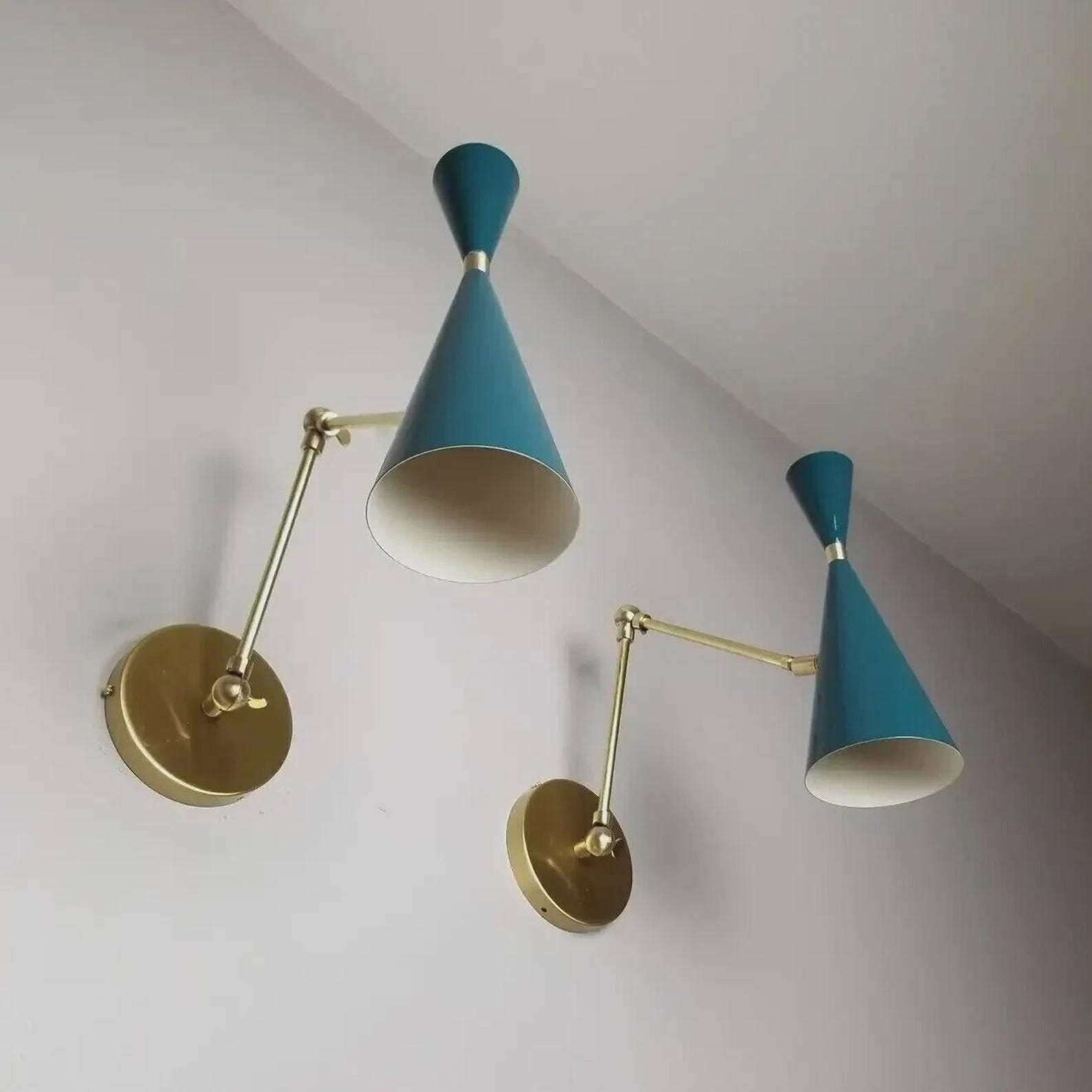 Mid-century Double Cone Wall Sconce – Teal & Brass - Etsy